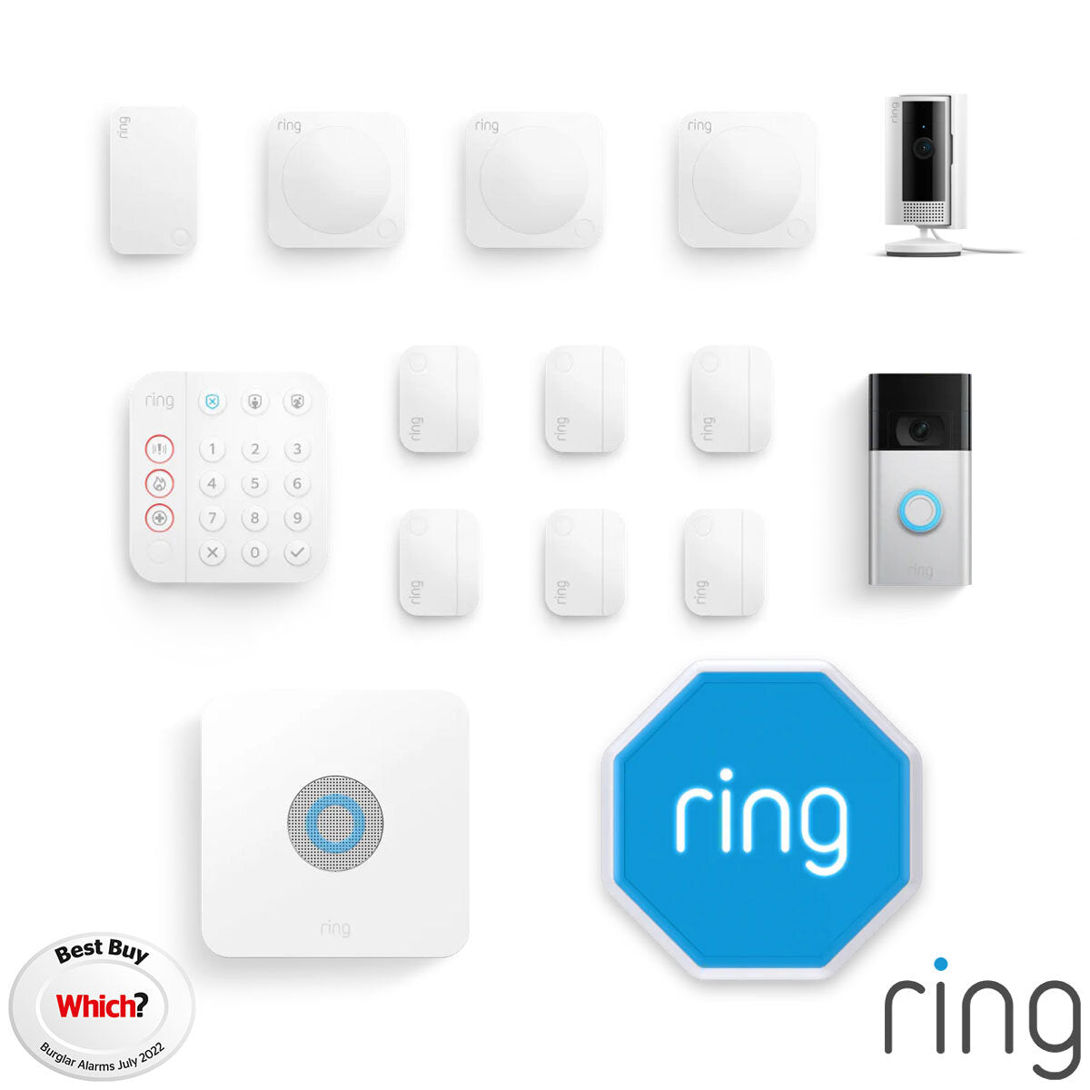 Ring 13 Piece Alarm 2.0 Full Home Kit with Siren, Indoor Camera and Vi ...