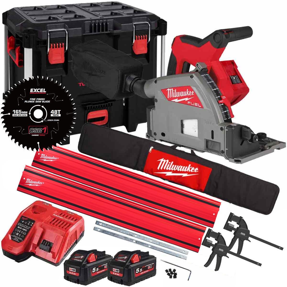 Milwaukee M18FPS55-552P 18V 165mm Fuel Brushless Plunge Saw + 2 x 5.5A ...